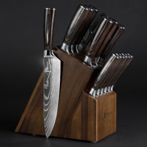 senken 16-piece acacia wood knife block set with laser damascus pattern - includes steak knives, kitchen shears, chef's knife, santoku, cleaver & more