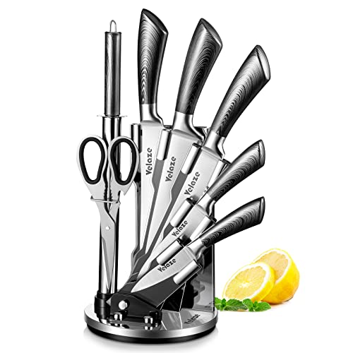 Velaze Knife Set with Block, 8 Pieces Stainless Steel Kitchen Knife Set with Spinning Block, Professional Chef Knife Bread Knife Paring Knife Scissor Set Built-in Sharpener, Dark Gray