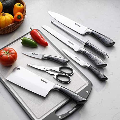 Velaze Knife Set with Block, 8 Pieces Stainless Steel Kitchen Knife Set with Spinning Block, Professional Chef Knife Bread Knife Paring Knife Scissor Set Built-in Sharpener, Dark Gray