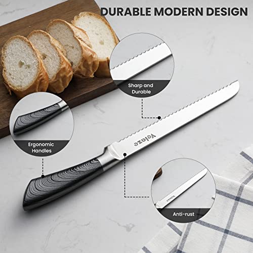 Velaze Knife Set with Block, 8 Pieces Stainless Steel Kitchen Knife Set with Spinning Block, Professional Chef Knife Bread Knife Paring Knife Scissor Set Built-in Sharpener, Dark Gray