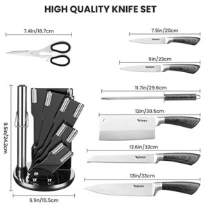 Velaze Knife Set with Block, 8 Pieces Stainless Steel Kitchen Knife Set with Spinning Block, Professional Chef Knife Bread Knife Paring Knife Scissor Set Built-in Sharpener, Dark Gray