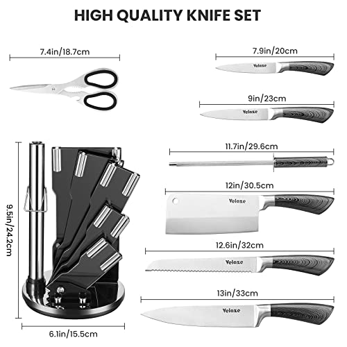 Velaze Knife Set with Block, 8 Pieces Stainless Steel Kitchen Knife Set with Spinning Block, Professional Chef Knife Bread Knife Paring Knife Scissor Set Built-in Sharpener, Dark Gray