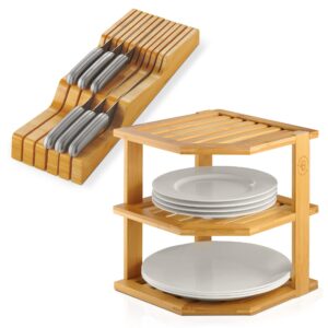 bamboo corner kitchen shelf and in-drawer knife block organizer