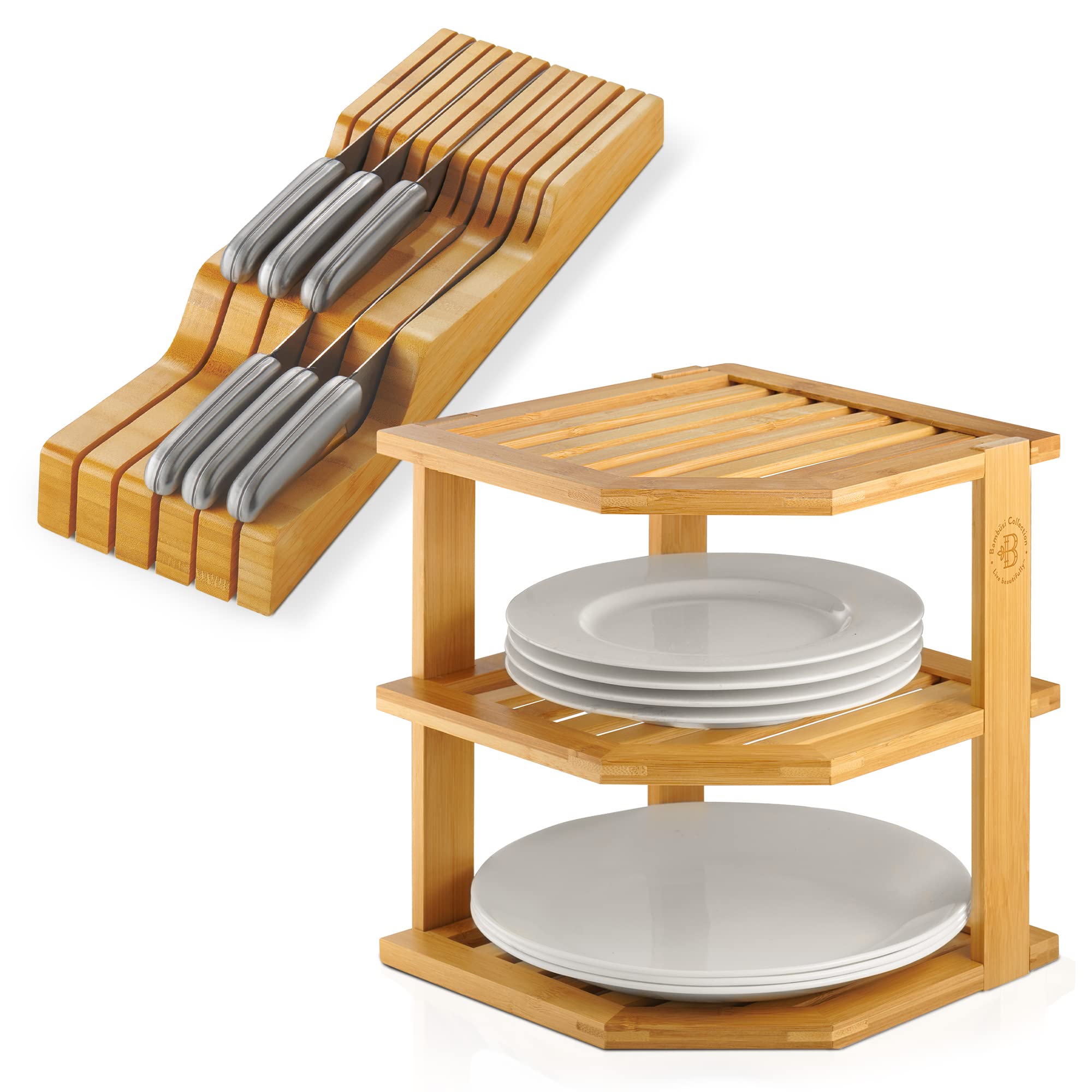 Bamboo Corner Kitchen Shelf and In-Drawer Knife Block Organizer