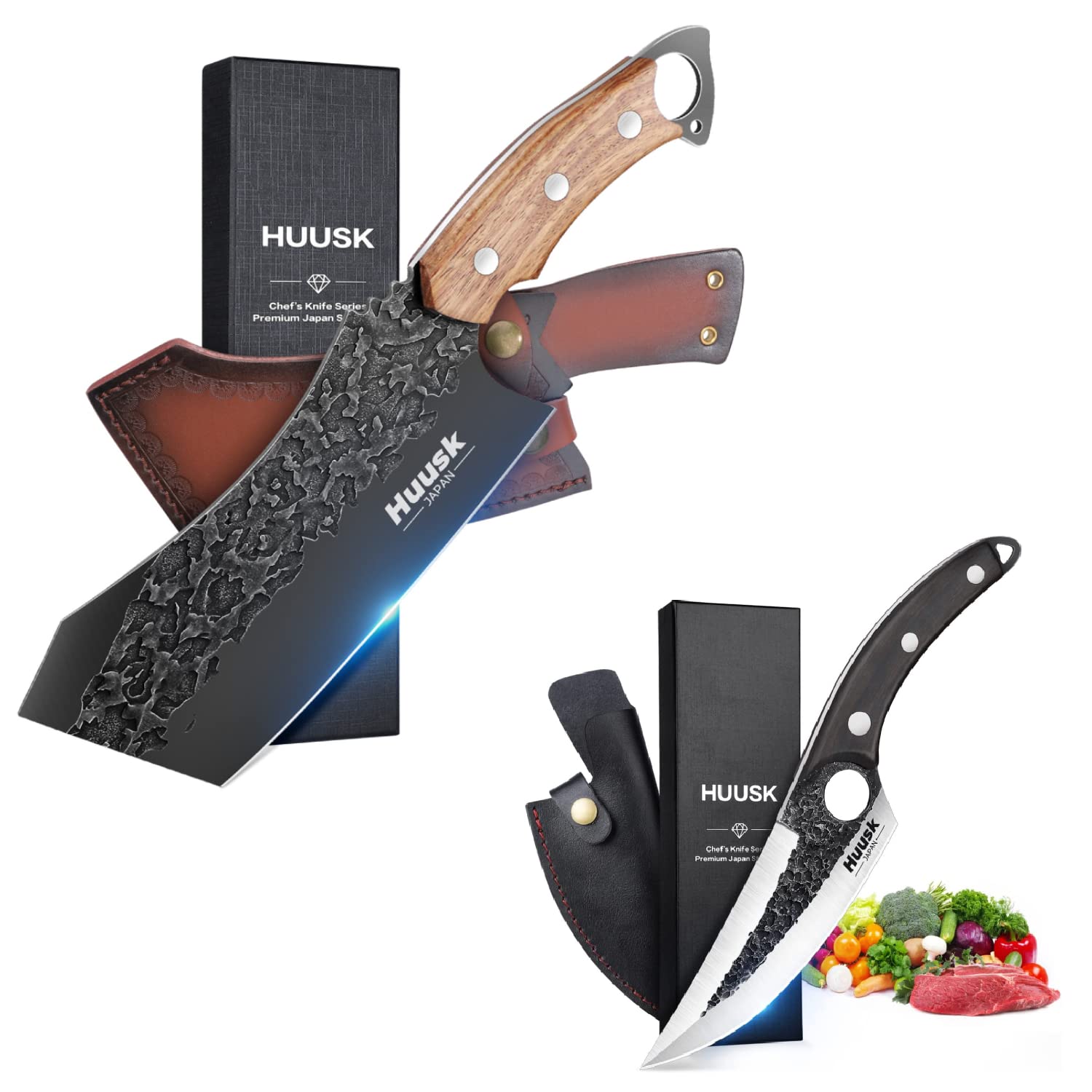 Huusk Collectible Knives Set Viking Knife & Meat Cleaver Knife with Belt Sheath and Gift Box