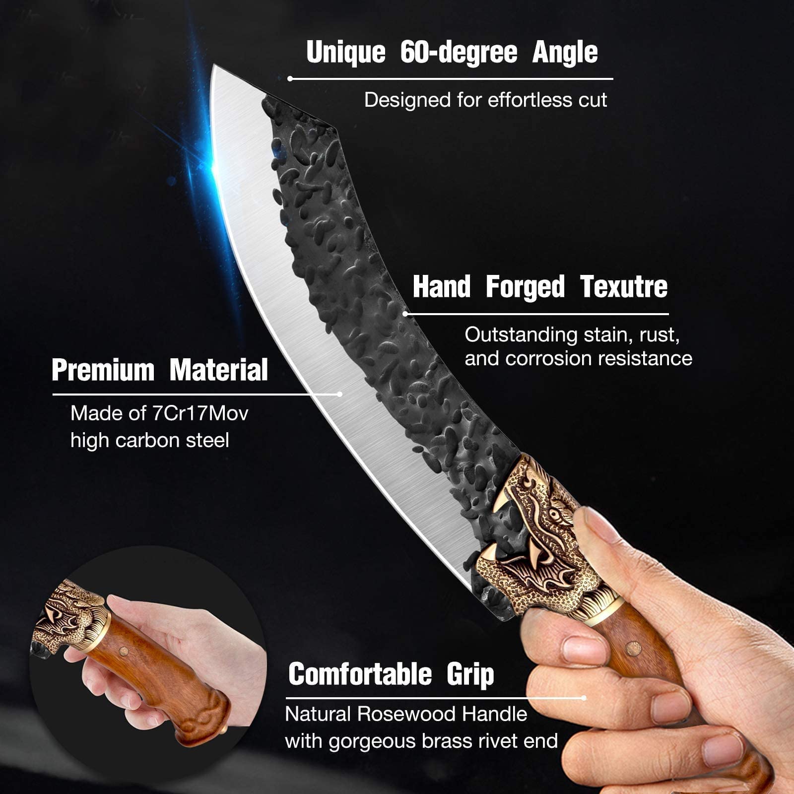 Golden Bird Meat Cleaver Knife Hand Forged Butcher Breaking Knife Set Professional Boning Knife with Sheath German Carbon Steel Kitchen Knives Pack for Home, Camping, Outdoors