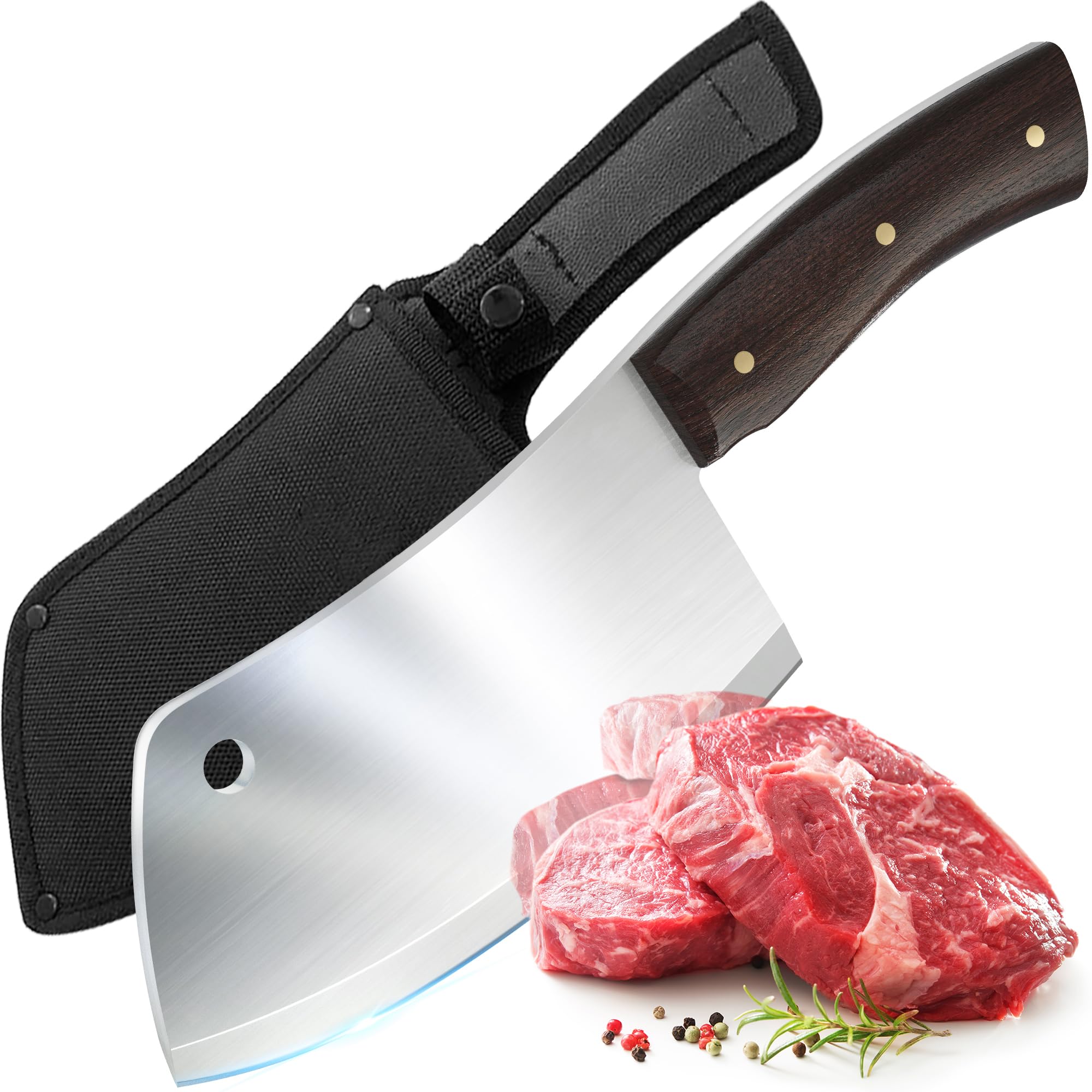 Grand Way Butcher Knife - 12.4 Inch Fixed Blade Knife - Best Cleaver Knives Meat Bone Vegetable Fruit BBQ Knife - Indoor Outdoor Cooking Utensil - Big Chef's Knives Camping Kitchen for Men Women A01