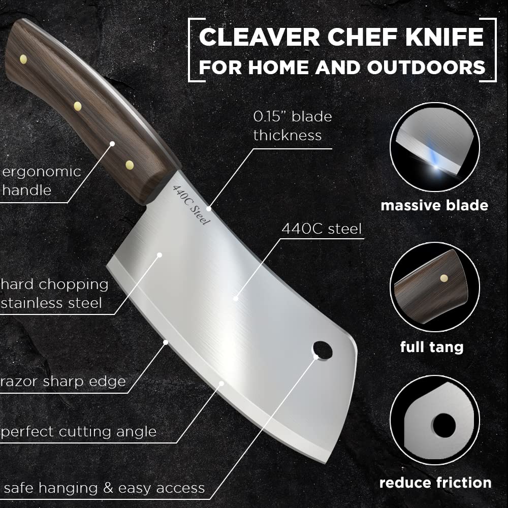 Grand Way Butcher Knife - 12.4 Inch Fixed Blade Knife - Best Cleaver Knives Meat Bone Vegetable Fruit BBQ Knife - Indoor Outdoor Cooking Utensil - Big Chef's Knives Camping Kitchen for Men Women A01