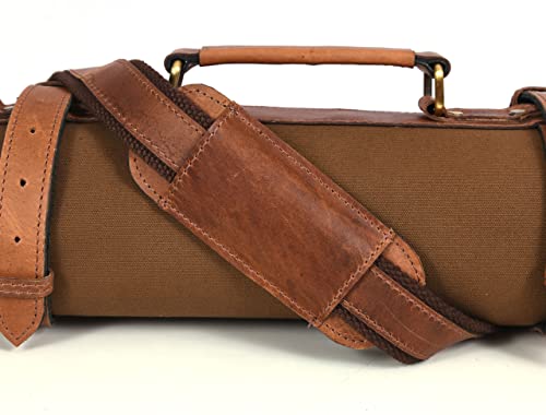 Leather Canvas Knife Roll Storage Bag Expandable 10 Pockets Detachable Shoulder Strap Travel-Friendly Chef Knife Case Roll By Aaron Leather Goods (Cleveland, Canvas Leather)