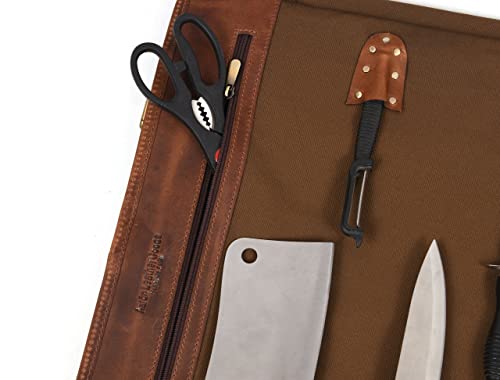 Leather Canvas Knife Roll Storage Bag Expandable 10 Pockets Detachable Shoulder Strap Travel-Friendly Chef Knife Case Roll By Aaron Leather Goods (Cleveland, Canvas Leather)