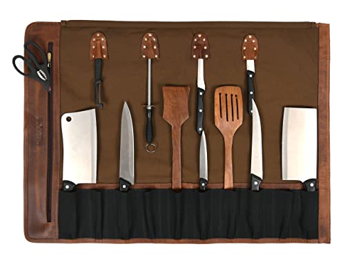 Leather Canvas Knife Roll Storage Bag Expandable 10 Pockets Detachable Shoulder Strap Travel-Friendly Chef Knife Case Roll By Aaron Leather Goods (Cleveland, Canvas Leather)