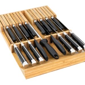 Diosbles In-drawer Bamboo Knife Block, Knife Drawer Organizer Insert, Kitchen counter organization, Knife holder without Knives, fit for 16 knives and 1 Sharpening Steel