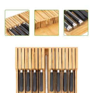 Diosbles In-drawer Bamboo Knife Block, Knife Drawer Organizer Insert, Kitchen counter organization, Knife holder without Knives, fit for 16 knives and 1 Sharpening Steel