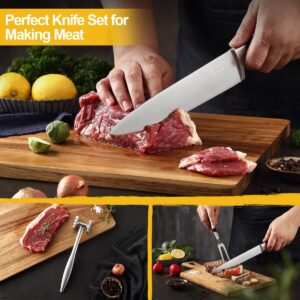 ODERFUN Carving Knife, Classic 4-Piece Carving Set, 8 Inch German Stainless Steel Carving Knife Fork Chef Knife meat tenderizer with Ergonomic & Full Tang Handle, Kitchen Knives for Turkey