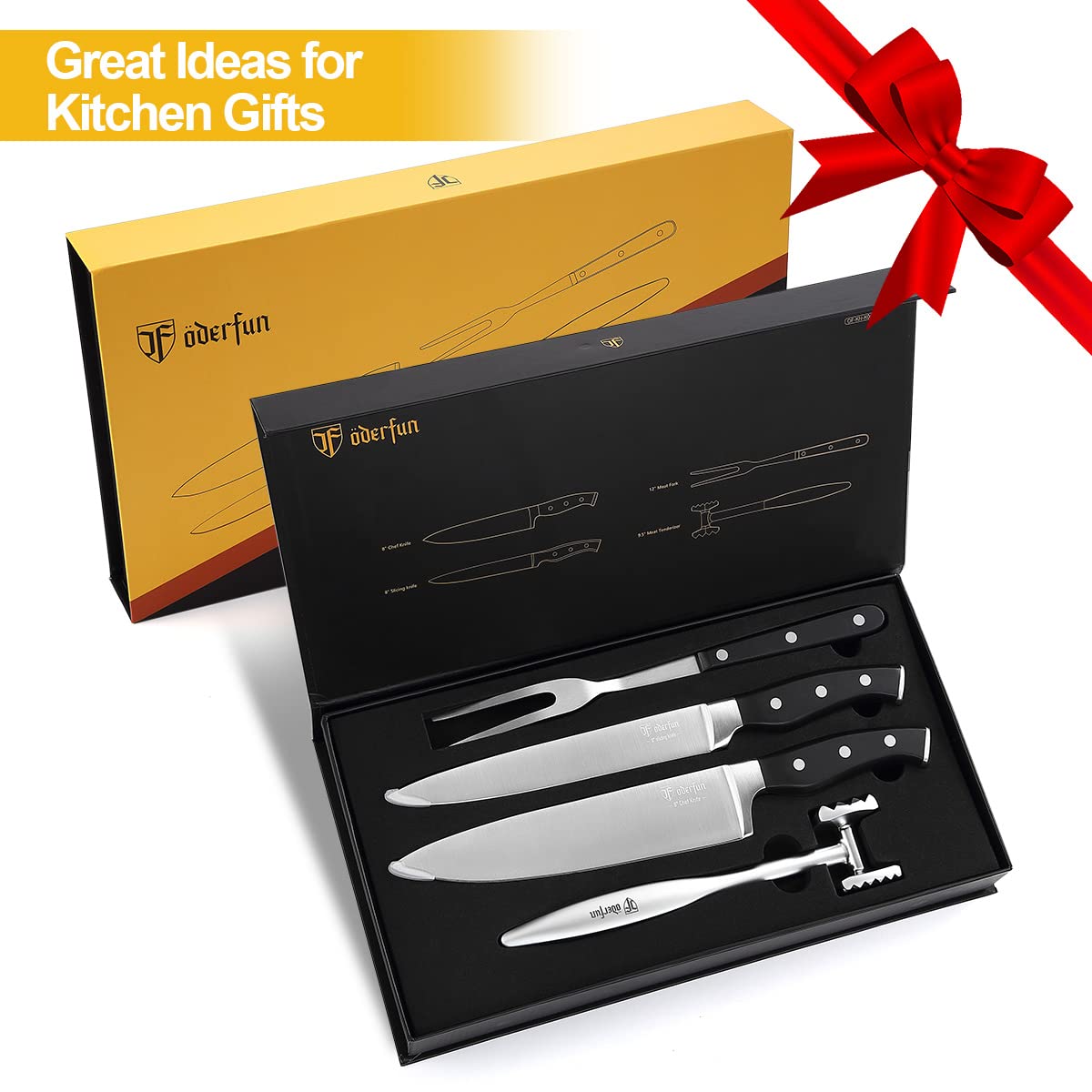 ODERFUN Carving Knife, Classic 4-Piece Carving Set, 8 Inch German Stainless Steel Carving Knife Fork Chef Knife meat tenderizer with Ergonomic & Full Tang Handle, Kitchen Knives for Turkey