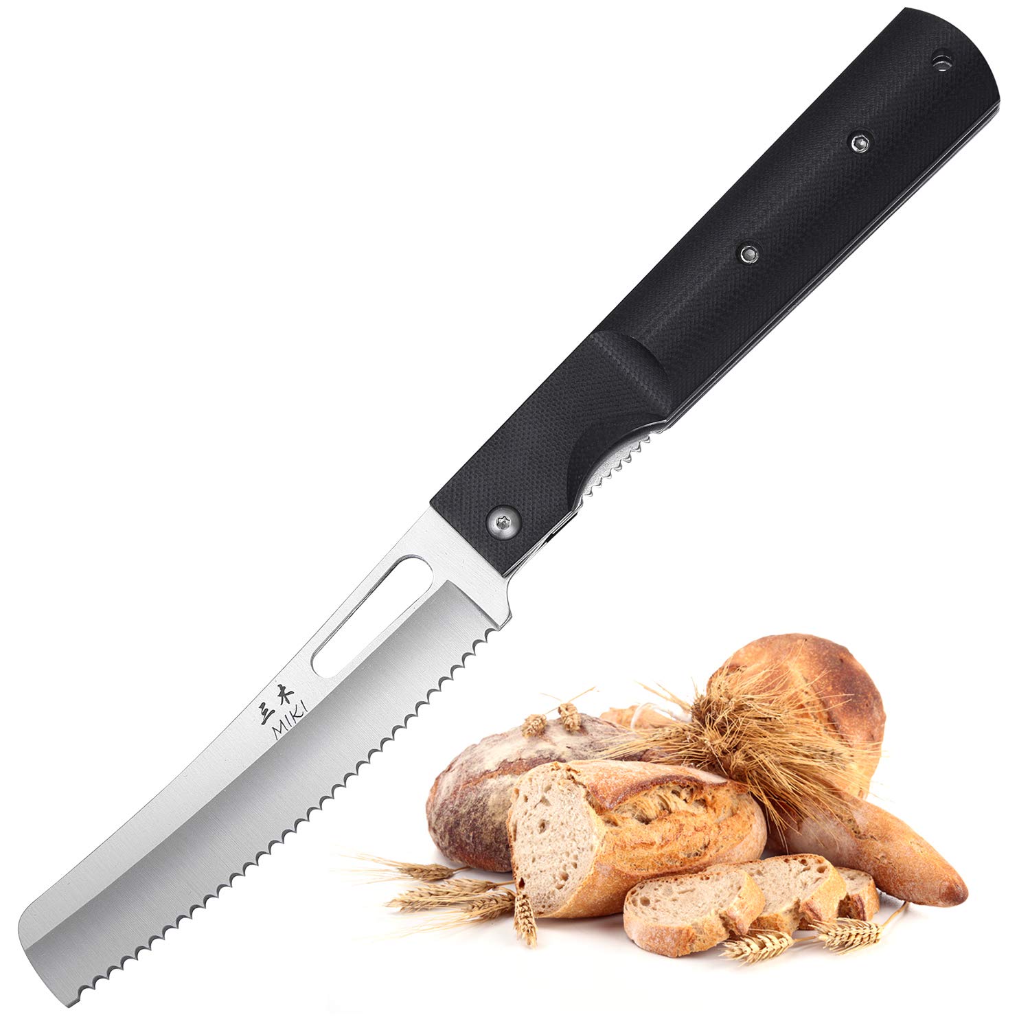 Miki 440A Stainless Steel Blade Japanese Kitchen Chef Folding Pocket Knife for Outdoor Camping Cooking,Folding Serrated Knife, Bread Knife