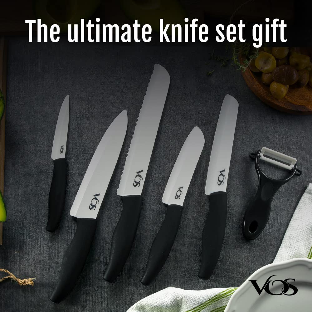 Vos Ceramic Knife Set, Ceramic Knives Set For Kitchen, Ceramic Kitchen Knives With Peeler, Ceramic Paring Knife 4", 5", 6", 7", 8" Inch Black