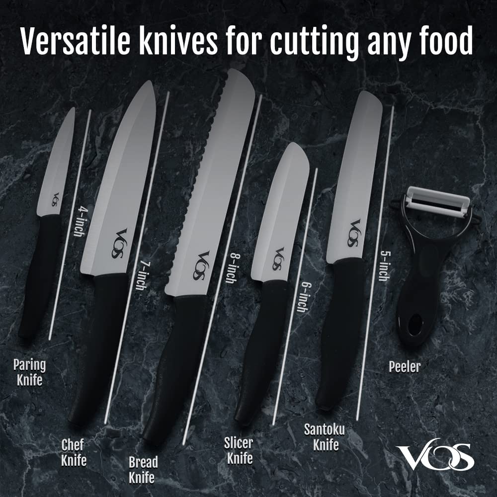 Vos Ceramic Knife Set, Ceramic Knives Set For Kitchen, Ceramic Kitchen Knives With Peeler, Ceramic Paring Knife 4", 5", 6", 7", 8" Inch Black