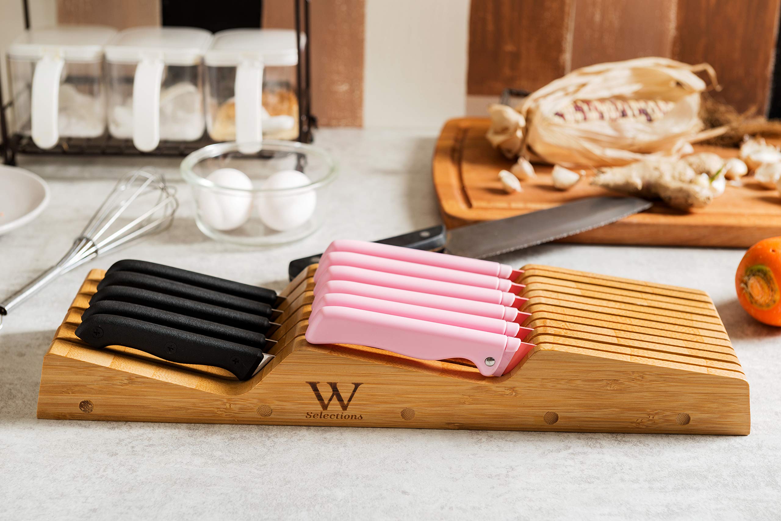 W Selections Bamboo Knife Drawer Organizer Block - Kitchen Storage Holder for Knives Organization - Saves Counter Drawer Space for Home Cooking Chef - Organic Moso Bamboo Tray of Premium Quality