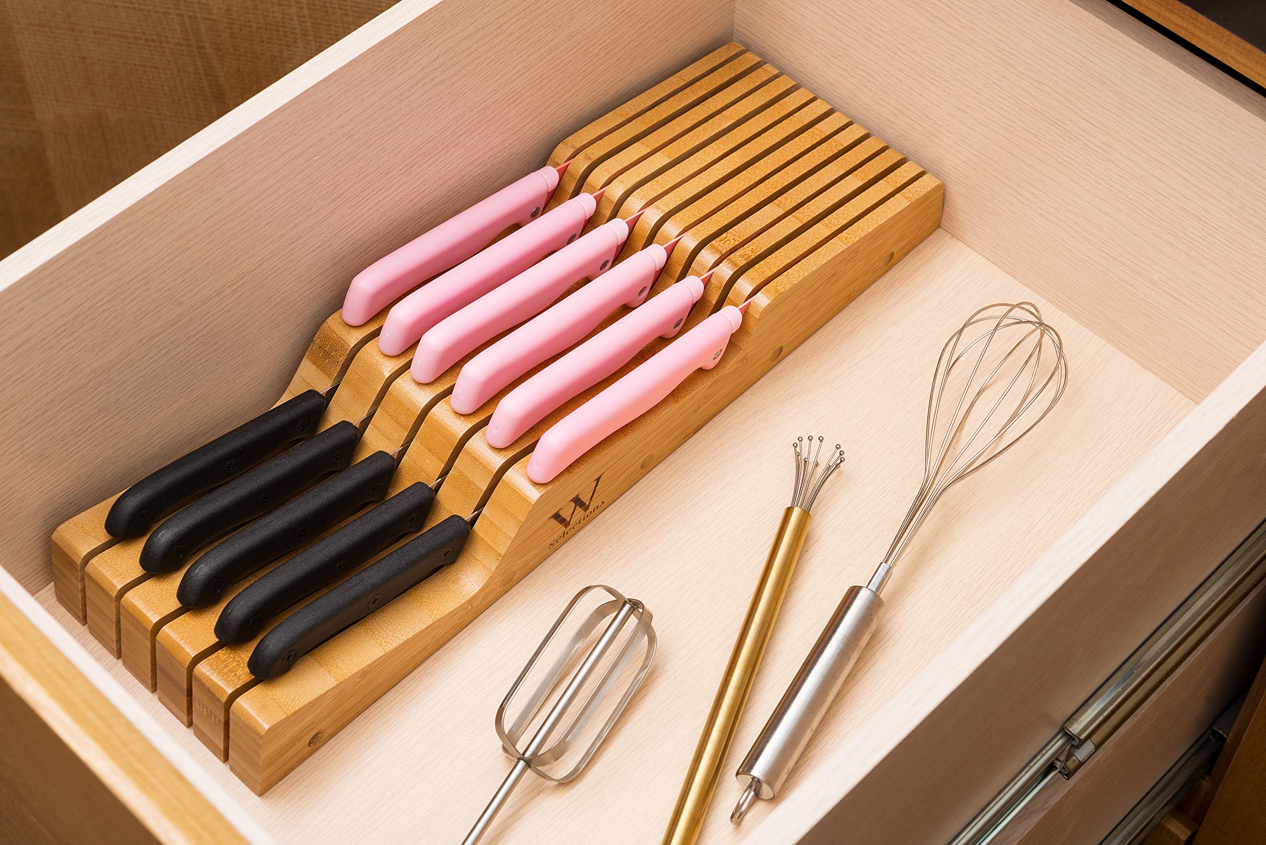 W Selections Bamboo Knife Drawer Organizer Block - Kitchen Storage Holder for Knives Organization - Saves Counter Drawer Space for Home Cooking Chef - Organic Moso Bamboo Tray of Premium Quality