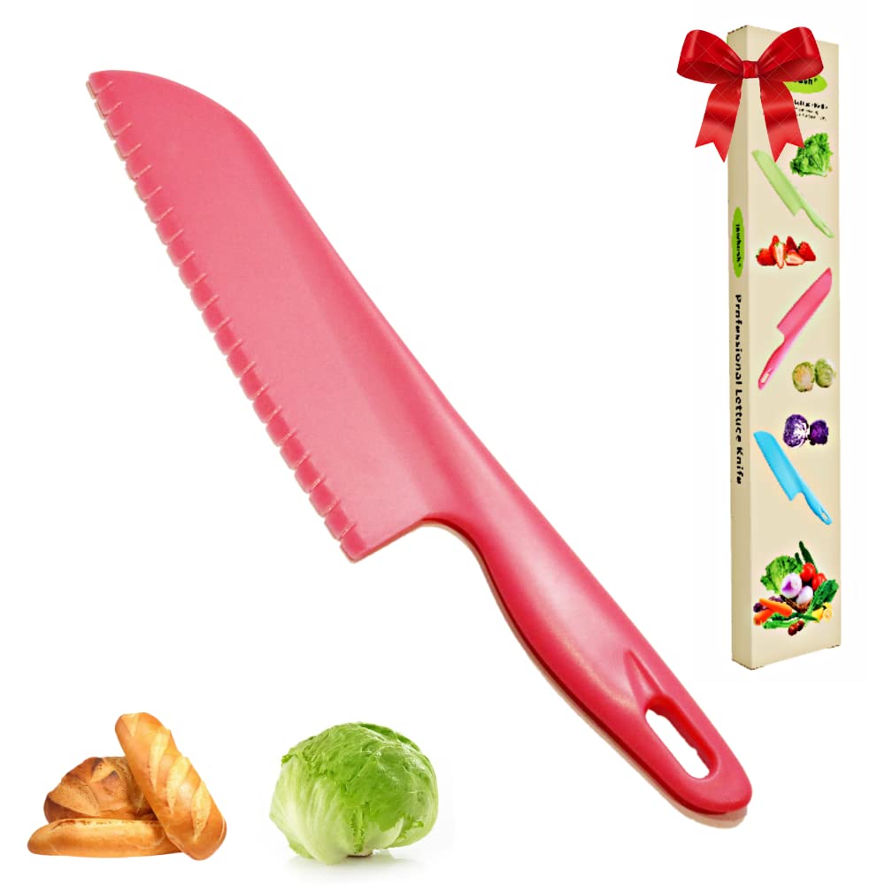 jawbush 11" Professional Salad & Bread Knife, Plastic Lettuce Knife for Veggies, Fruit, Cake, Salad, Serrated Chef Knife for Cooking and Cutting - Safe Nylon Knife for Nonstick Pans, Pink