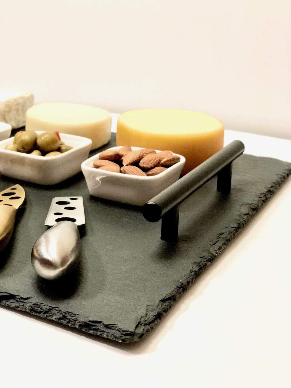 Natural Slate Cheese Board and Knife Set | Charcuterie Board Cheese Knives and Spreader set 14 Pieces 16" x 12" Serving Tray with Black Handle Ceramic Bowls Soapstone