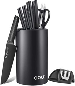 oou kitchen knife block set - 8 pieces high carbon stainless steel kitchen knife sets, anti-rust black knife set with universal knife holder