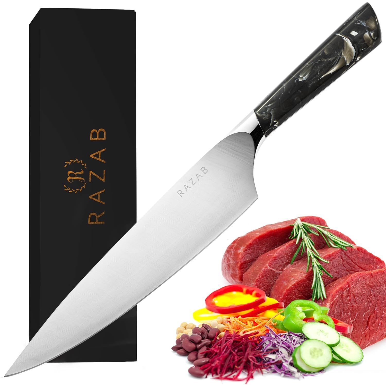 Razab Japanese 8 inch Chef Knife - Professional Kitchen Knives Forged with High Carbon Japanese Stainless Steel Ultra Sharp Chefs Knife with Anti-Corrosive Ergonomic Handle - Slope Bolster Design