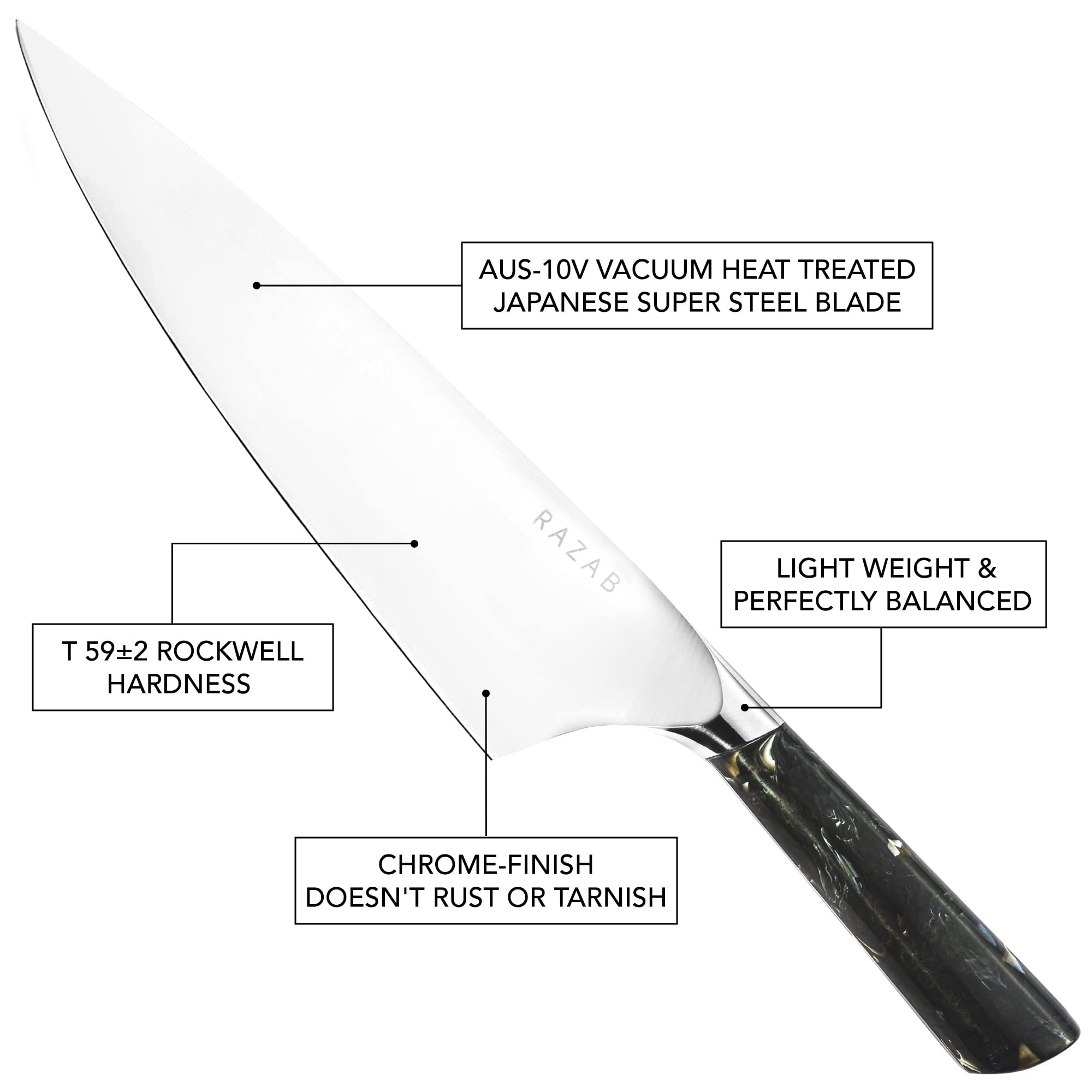 Razab Japanese 8 inch Chef Knife - Professional Kitchen Knives Forged with High Carbon Japanese Stainless Steel Ultra Sharp Chefs Knife with Anti-Corrosive Ergonomic Handle - Slope Bolster Design