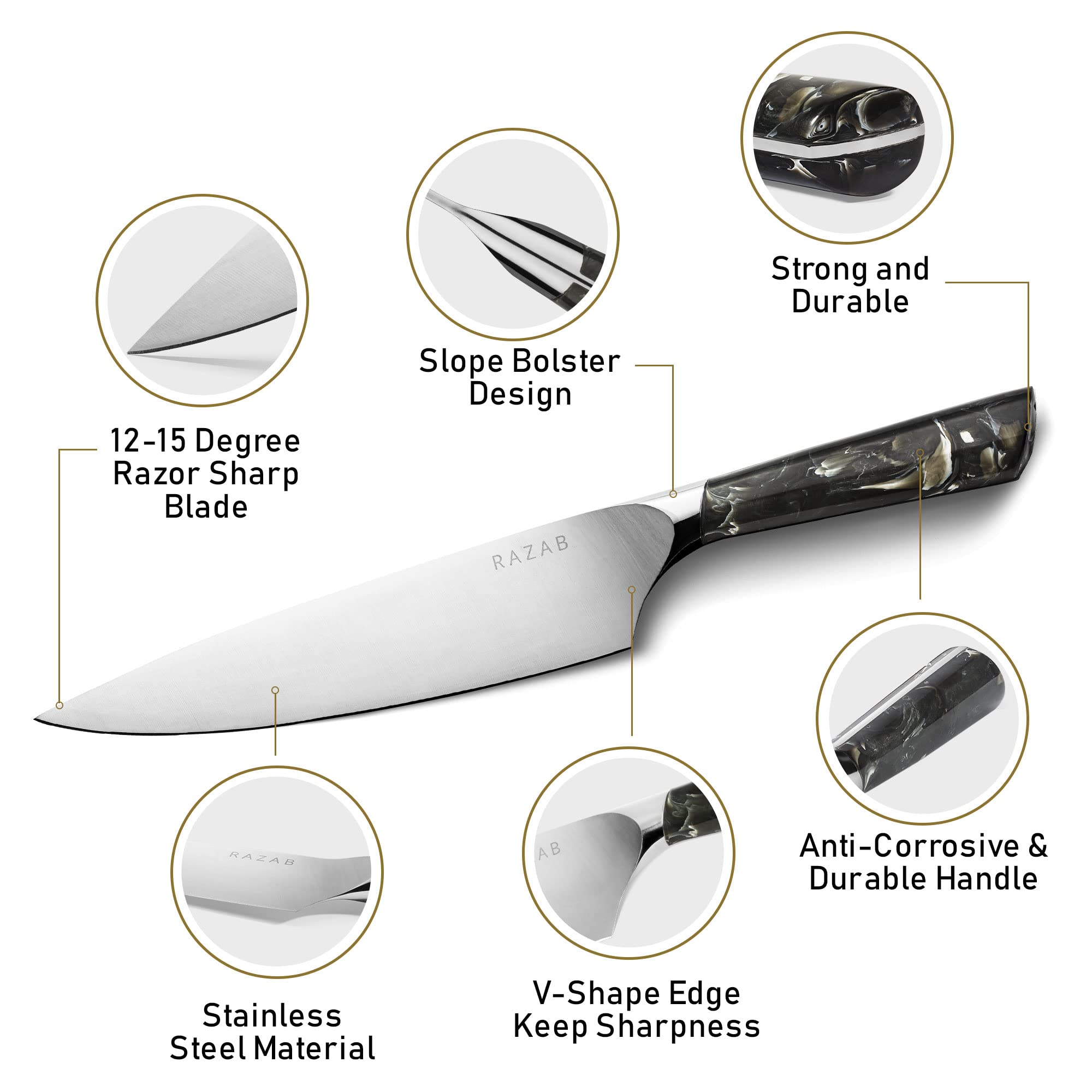 Razab Japanese 8 inch Chef Knife - Professional Kitchen Knives Forged with High Carbon Japanese Stainless Steel Ultra Sharp Chefs Knife with Anti-Corrosive Ergonomic Handle - Slope Bolster Design