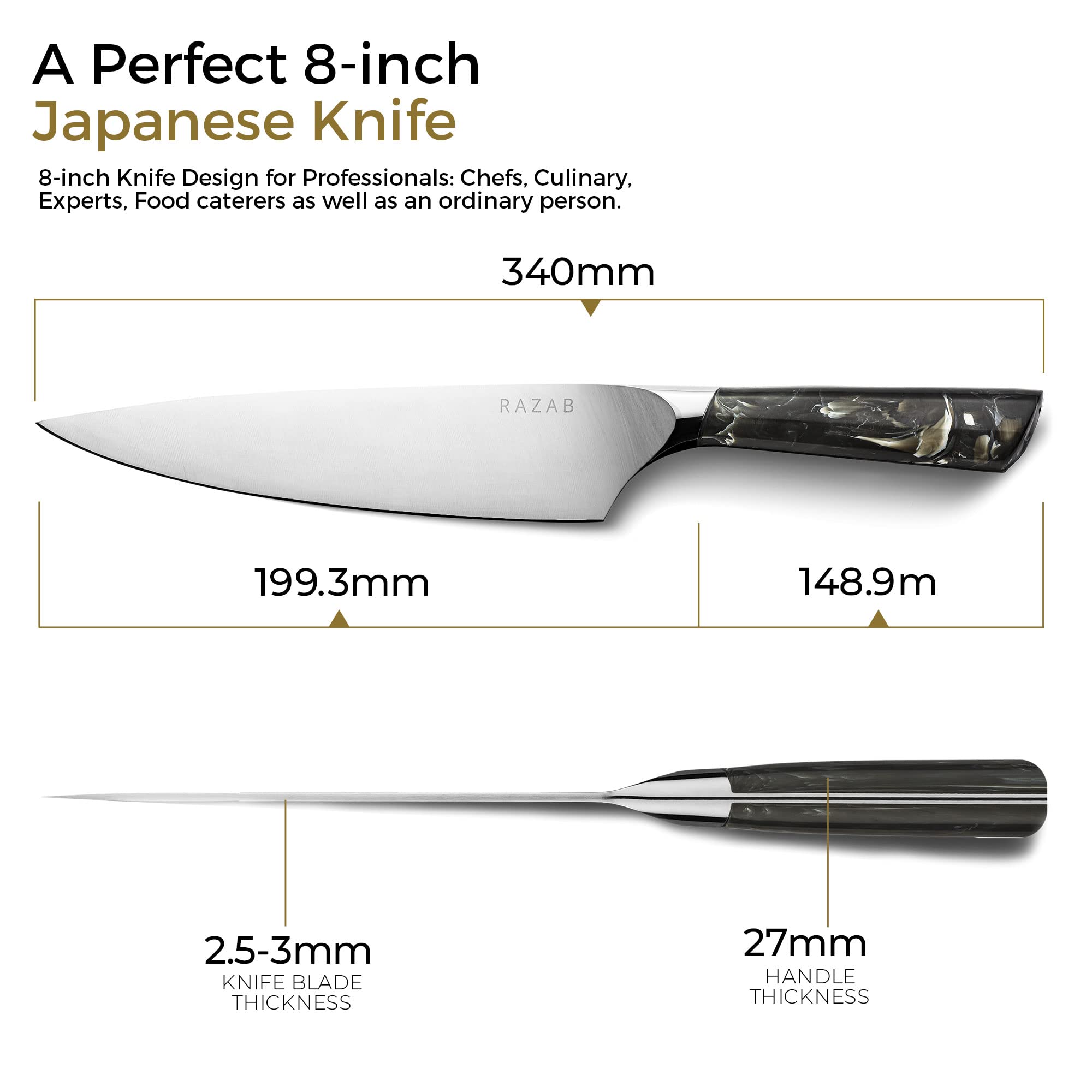 Razab Japanese 8 inch Chef Knife - Professional Kitchen Knives Forged with High Carbon Japanese Stainless Steel Ultra Sharp Chefs Knife with Anti-Corrosive Ergonomic Handle - Slope Bolster Design