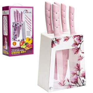 kitchen knife set, oasisusa stainless steel sharp knife sets with abs stand, non-fading pink color flower patterned stainless steel blade with triple-riveted handles. gift for women and girls