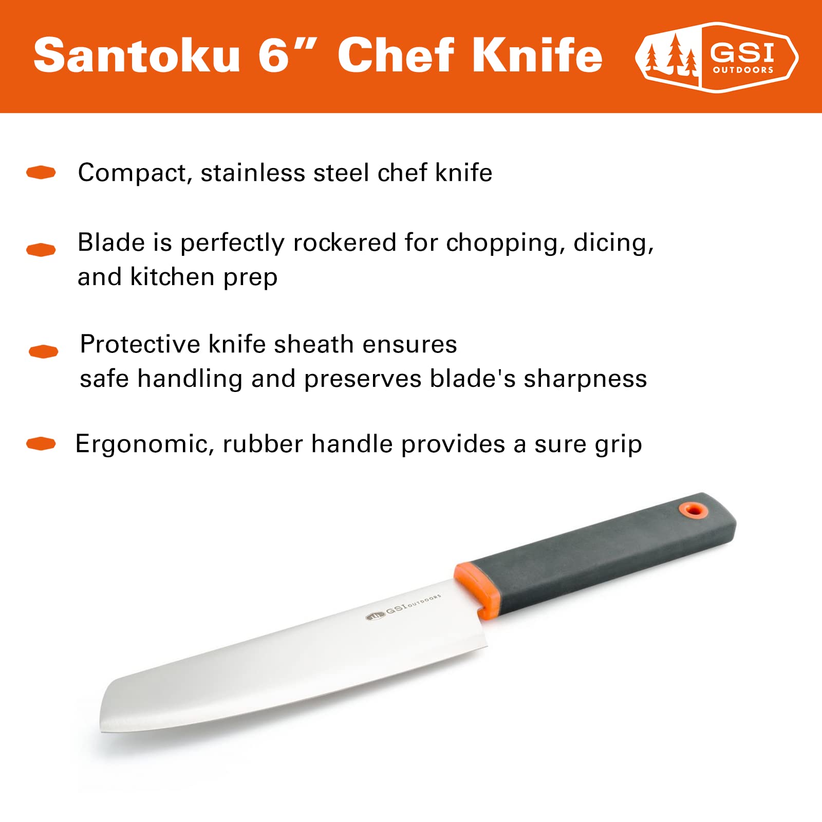 GSI Outdoors Santoku 6" Chef Knife, Compact Stainless Steel Knife with Protective Sheath for Camping, Picnics & BBQs