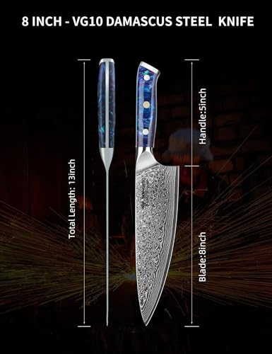 SANMUZUO Chef Knife - 8 inch - Xuan Series - VG10 Damascus Steel Kitchen Knife - Resin Handle (Sapphire Blue)