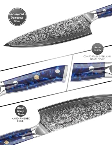 SANMUZUO Chef Knife - 8 inch - Xuan Series - VG10 Damascus Steel Kitchen Knife - Resin Handle (Sapphire Blue)