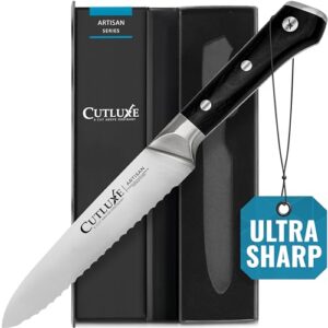 cutluxe serrated kitchen utility knife, 5" tomato knife – forged high carbon german steel – full tang & razor sharp – ergonomic handle design – artisan series