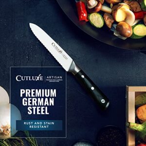 Cutluxe Serrated Kitchen Utility Knife, 5" Tomato Knife – Forged High Carbon German Steel – Full Tang & Razor Sharp – Ergonomic Handle Design – Artisan Series