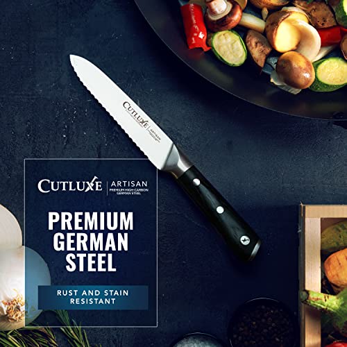 Cutluxe Serrated Kitchen Utility Knife, 5" Tomato Knife – Forged High Carbon German Steel – Full Tang & Razor Sharp – Ergonomic Handle Design – Artisan Series