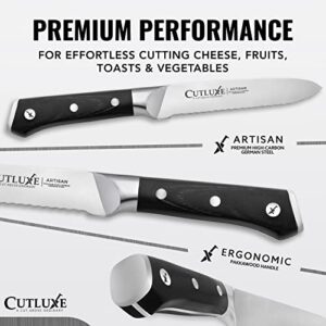 Cutluxe Serrated Kitchen Utility Knife, 5" Tomato Knife – Forged High Carbon German Steel – Full Tang & Razor Sharp – Ergonomic Handle Design – Artisan Series