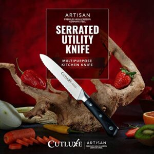 Cutluxe Serrated Kitchen Utility Knife, 5" Tomato Knife – Forged High Carbon German Steel – Full Tang & Razor Sharp – Ergonomic Handle Design – Artisan Series