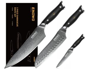 enowo damascus knife set 3 pcs,razor sharp kitchen knives made of japanese damascus steel vg10, well-balanced damascus chef knife set with premium g10 full tang handle triple rivet gift box