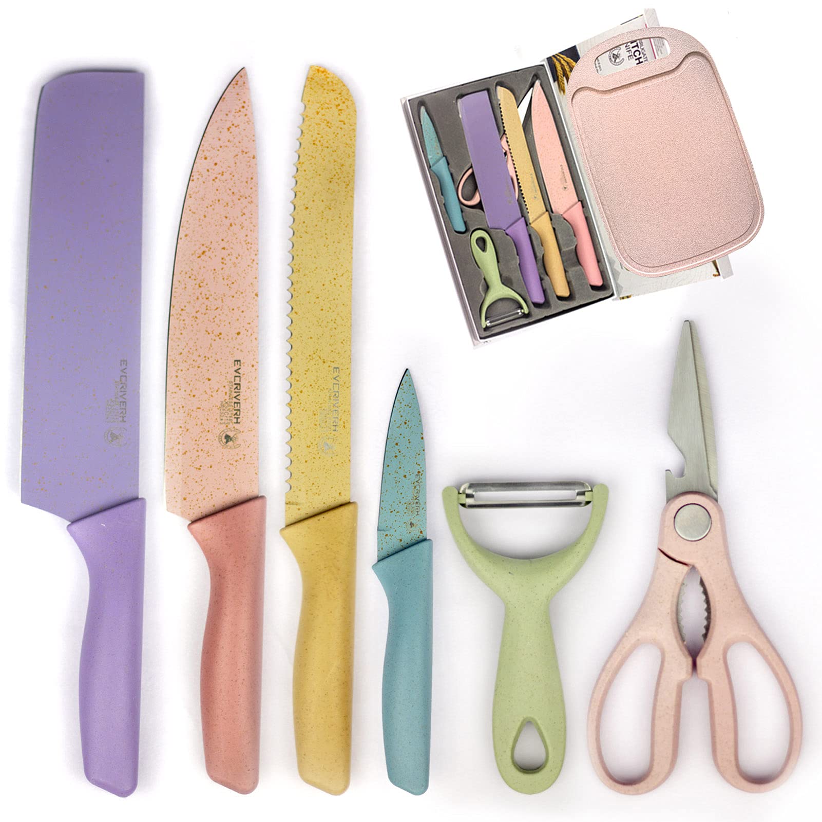 CHUYIREN Knife Set, Colorful Kitchen Knife Set 7 PCS, High Carbon Stainless Steel Cute Knife Set with Non-Stick Coating and Cutting Board for Cooking, Camping, RV Travel, and Dorm,Gift Box