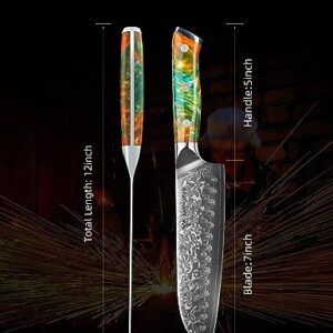 SANMUZUO Santoku Knife - 7 inch - Xuan Series - VG10 Damascus Steel Kitchen Knife - Resin Handle (Fantasy Orange)