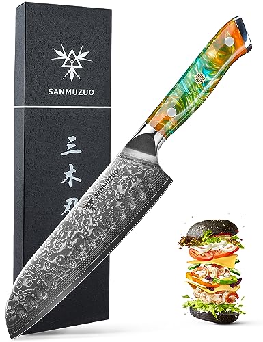 SANMUZUO Santoku Knife - 7 inch - Xuan Series - VG10 Damascus Steel Kitchen Knife - Resin Handle (Fantasy Orange)