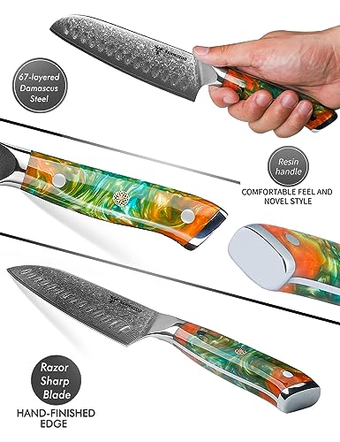 SANMUZUO Santoku Knife - 7 inch - Xuan Series - VG10 Damascus Steel Kitchen Knife - Resin Handle (Fantasy Orange)