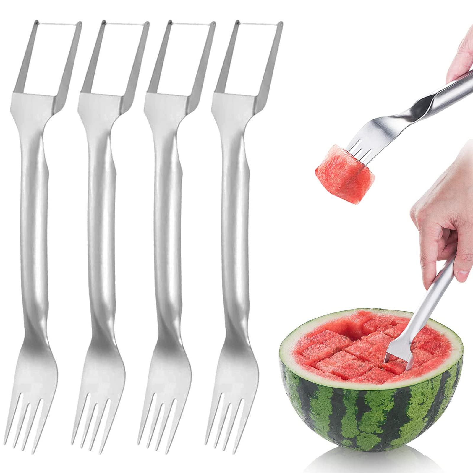 4 Pcs Watermelon Fork Slicer Cutter, Upgraded 2-in-1 Watermelon Fork Slicer, Stainless Steel Watermelon Cutter Slicer Tool, Fruit Forks Slicer Knife Kitchen Gadgets for Home Parties Camping