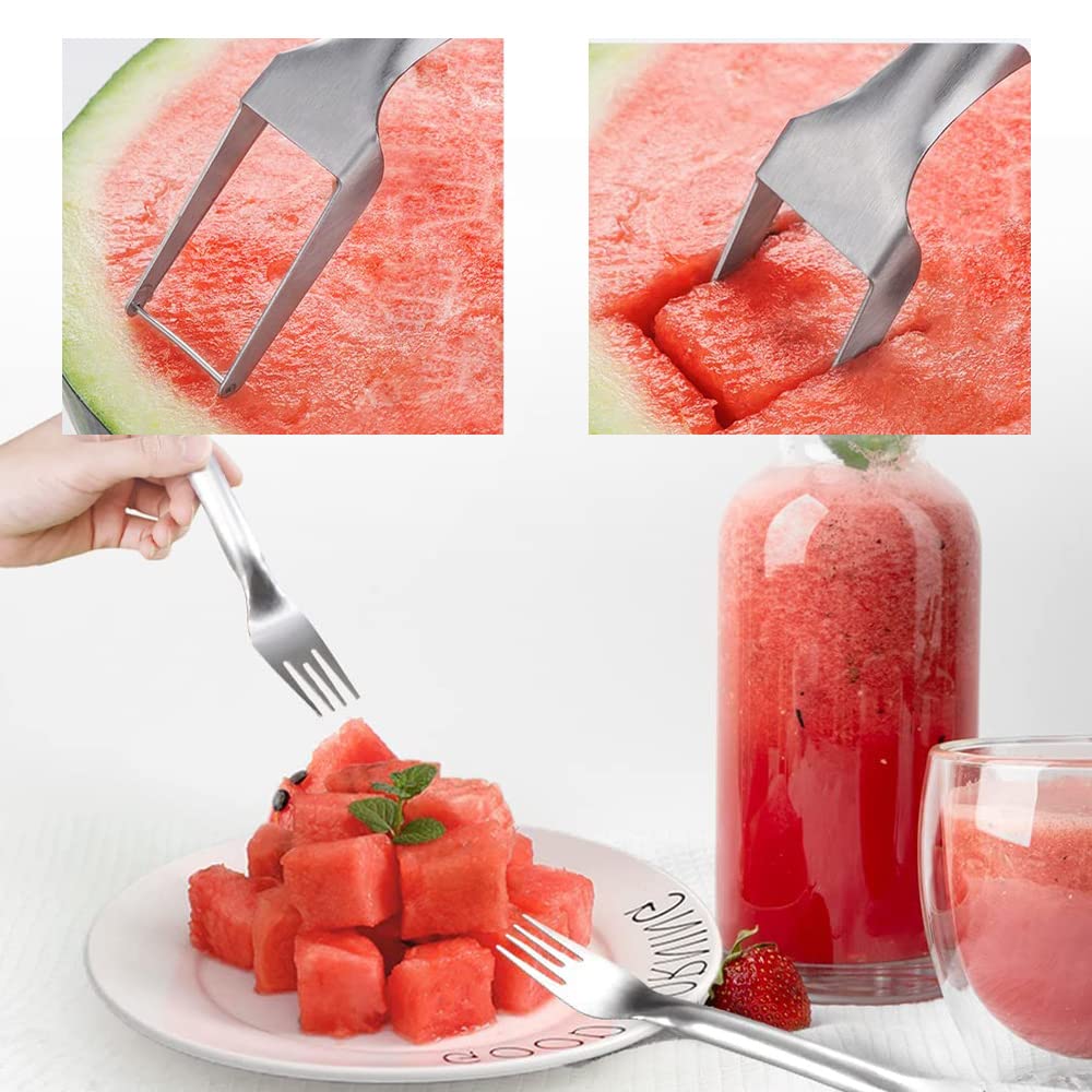 4 Pcs Watermelon Fork Slicer Cutter, Upgraded 2-in-1 Watermelon Fork Slicer, Stainless Steel Watermelon Cutter Slicer Tool, Fruit Forks Slicer Knife Kitchen Gadgets for Home Parties Camping