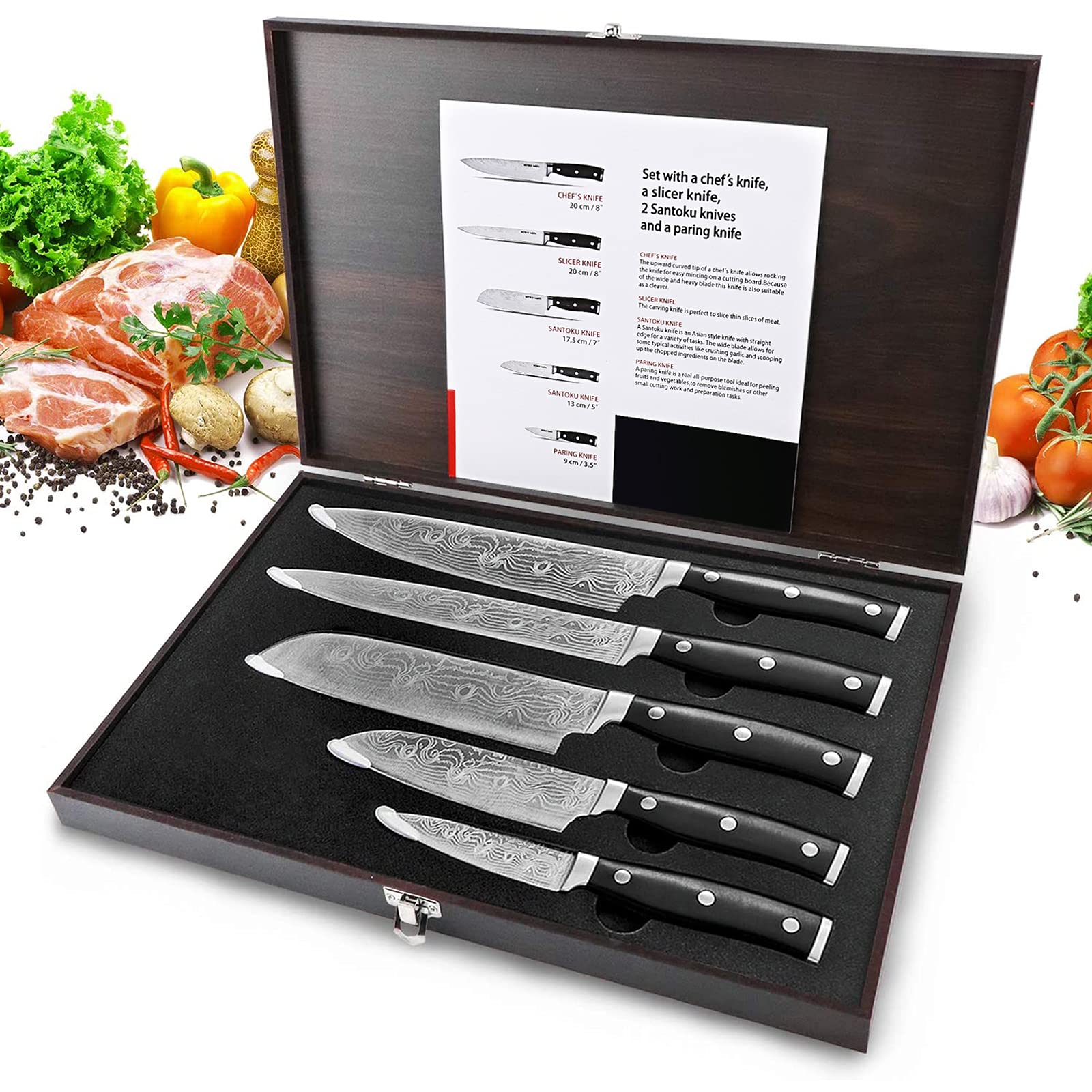 Mifiatin 5 Piece Knife Set with Wooden Box, Professional Kitchen Chef’s Knives, Chef Knife Set, Rust-proof For Home and Restaurant Use，Easy to clean