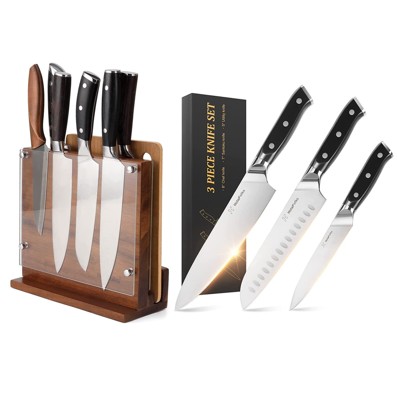 HolaFolks Kitchen Magnetic Knife Block with Acrylic Shield Double Side Knife Holder Rack Magnetic Stands&3 PCS Professional Sharp Chef Knife Set