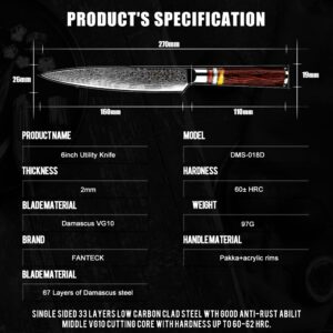 FANTECK Utility Knife 6 Inch, Japanese Damascus Kitchen Petty Knife, VG10 67 Layer Pro Razor Sharp Cutting Fruit Carving Chef’s Paring Knives with Sheath& Gift box, Ergonomic Pakkawood Handle